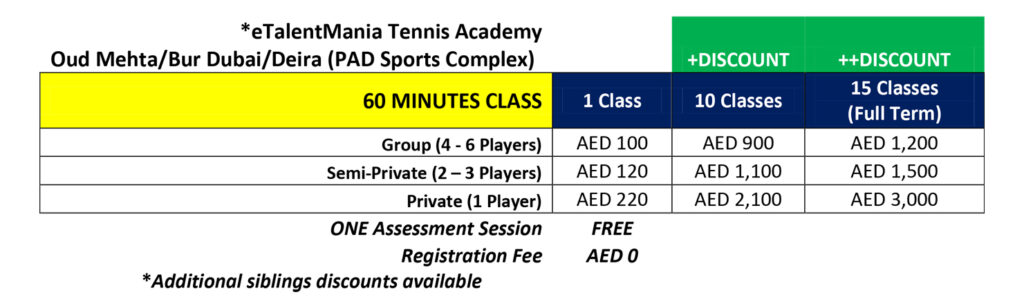 Pricing – eTalentMania Tennis Academy